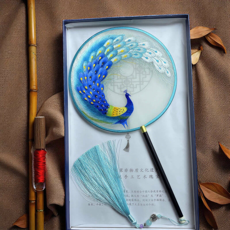 Handmade Double-Sided Suzhou Embroidery Fan - Peacock Silk (20cm ...